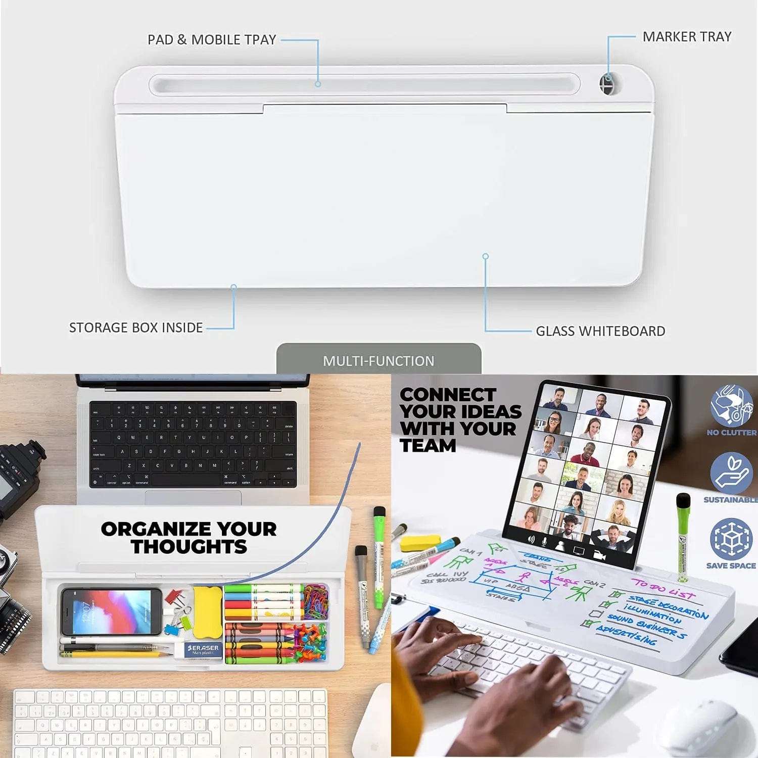 Modern Glass Desktop Dry Erase Whiteboard & Organizer - Cart In Mart